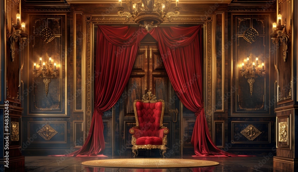 Throne in luxury royal room. Historic vintage king red chair. Retro ...