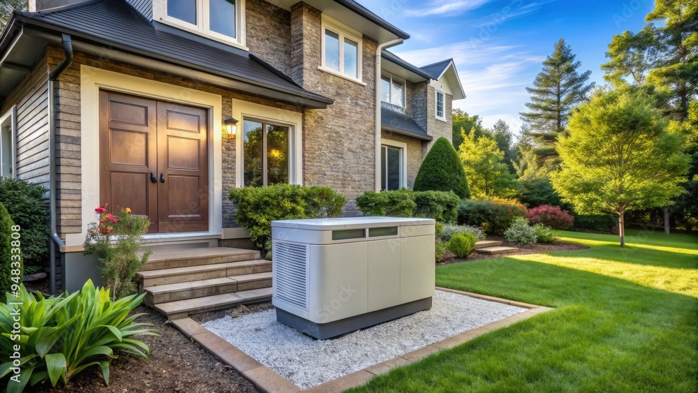 A standby generator system installed outside a modern residence ...