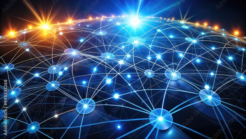 A stylized illustration of interconnected nodes with glowing lines and ...
