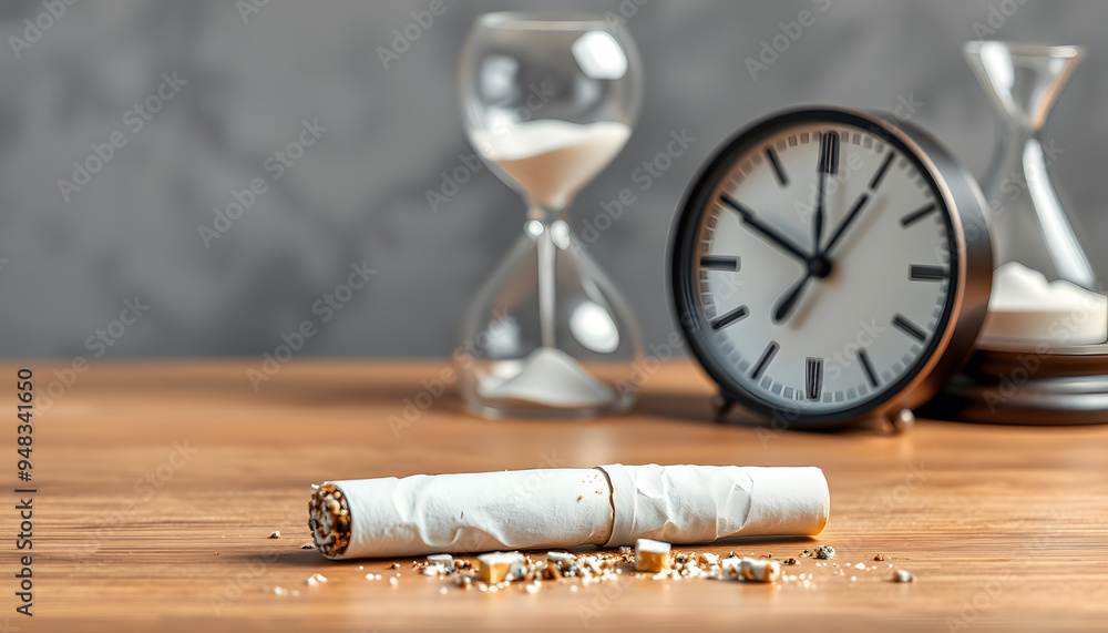 Broken cigarette on table background , No Tobacco Day with hourglass ...