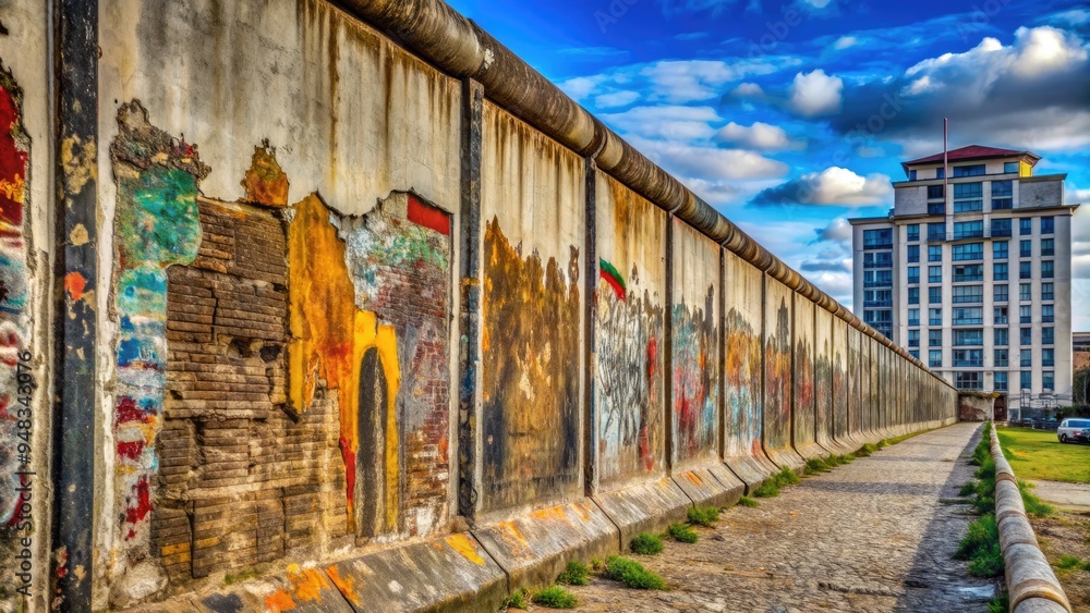 A worn, rusty, and graffiti-covered section of the Berlin Wall stands ...