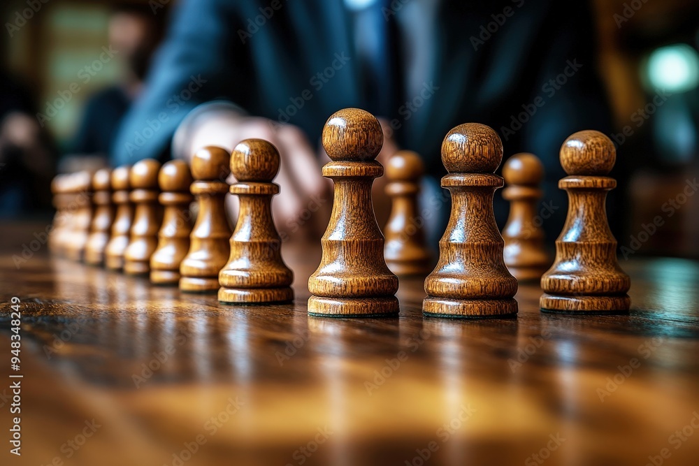 Strategic Alignment: A line of chess pawns stand poised on a polished ...