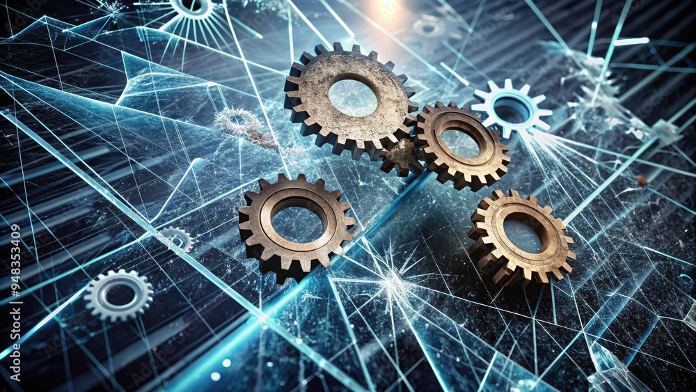 Broken gears and cracked screen icons surrounded by shattered glass ...