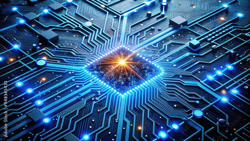 Circuit board with glowing blue neural network pathways and microchips ...