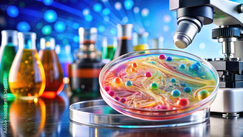 Closer view of a petri dish containing a colorful, swirly microbial ...