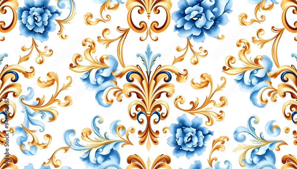 Watercolor blue baroque floral seamless pattern with curl, rococo ...
