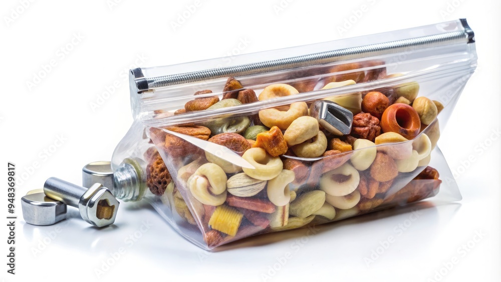 Close-up of a transparent plastic pouch with a zipper seal, filled with ...