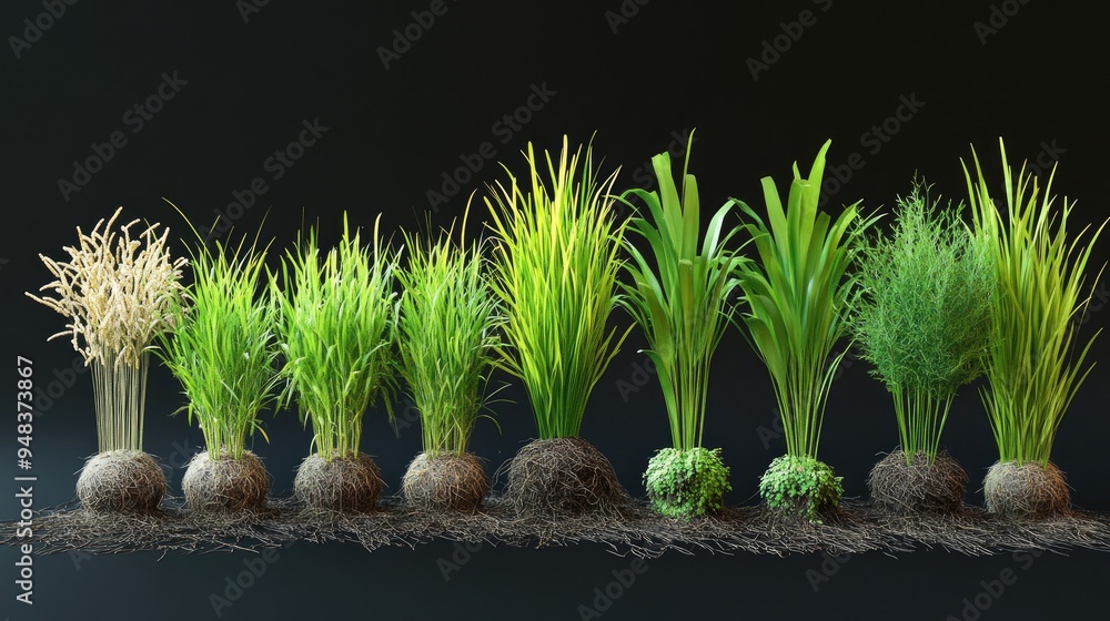 Rice plants in various stages of growth, from seedlings to fully ...