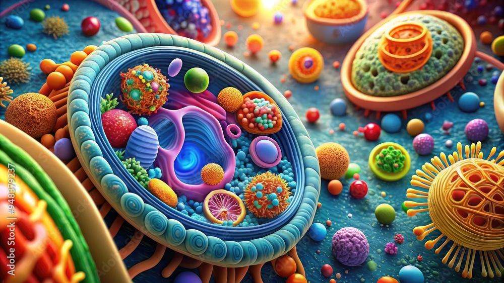 Colorful illustration of cellular structure showing nucleus ...