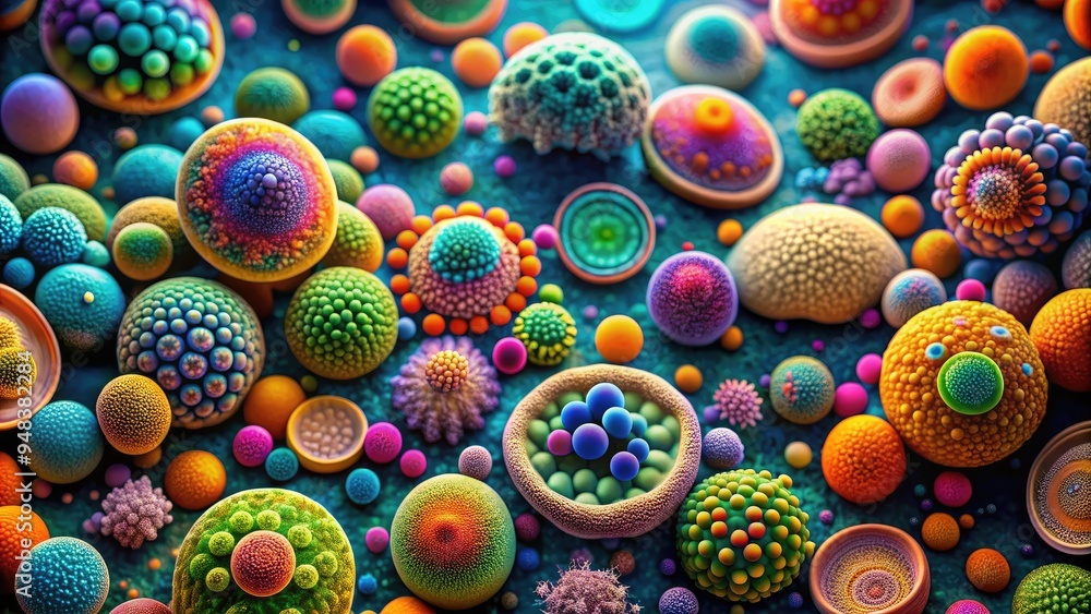 Colorful microscope image of microbial cells in various shapes and ...