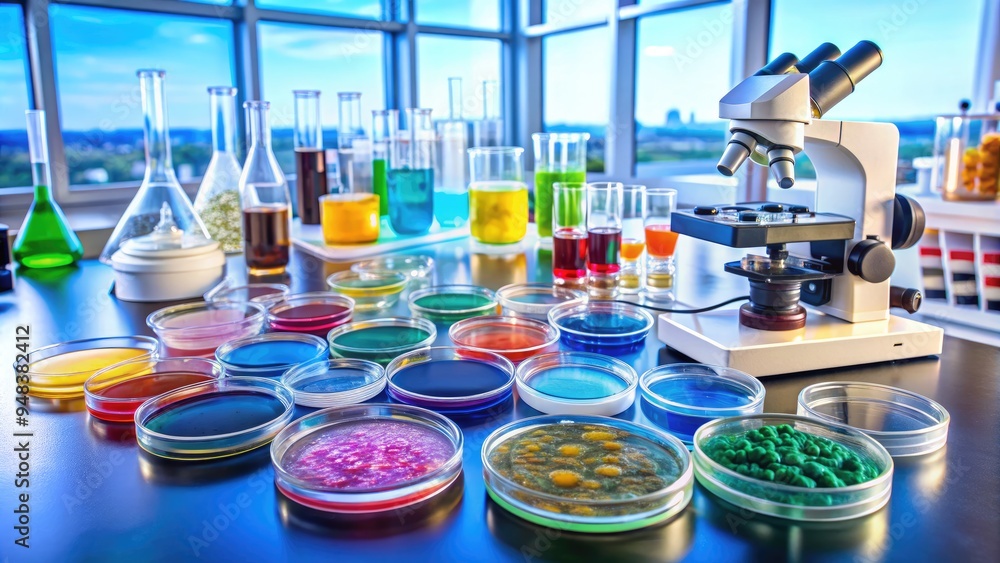 Colorful microscope slides and petri dishes filled with biological ...