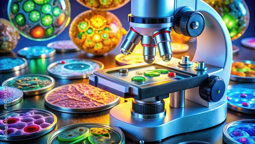 Colorful microscope slide with magnified cells and microorganisms ...