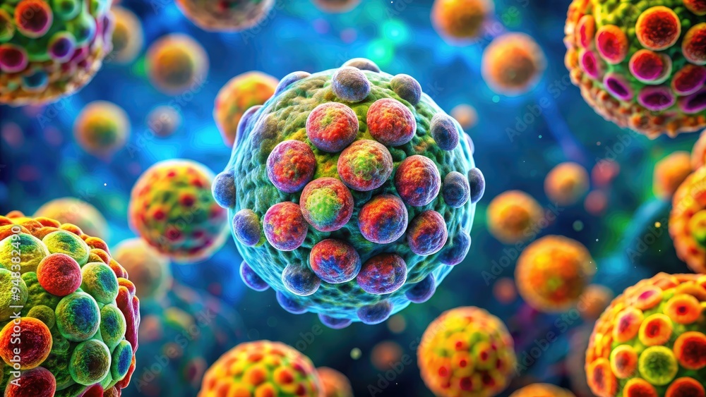 Colorful microscopic image of abnormal cell structure, showcasing ...