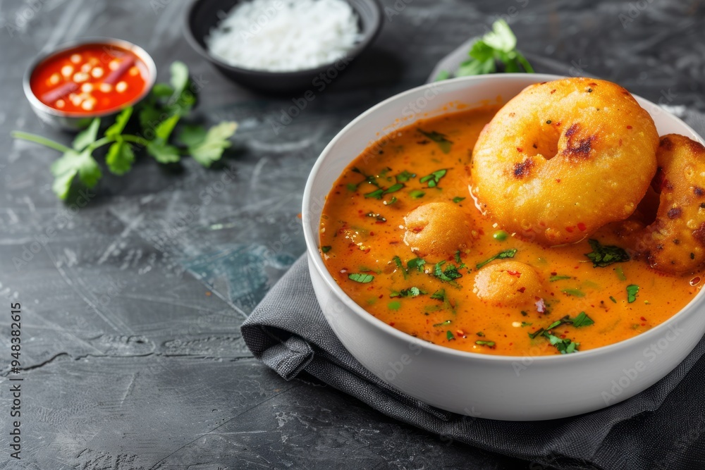 Traditional Indian cuisine.National Indian dish.Sambar.A bowl of sambhar served with medu vadas ...