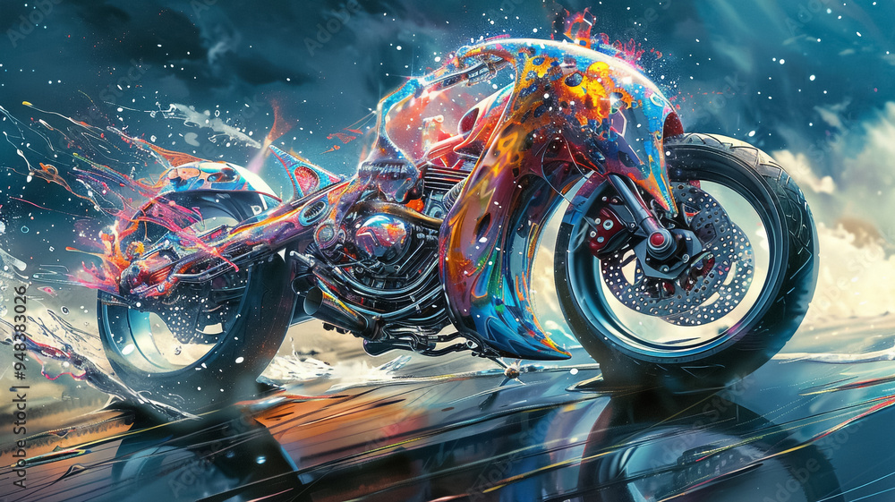 A vibrant 3D motorcycle model painted in colorful artistic patterns ...