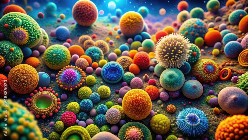 Colorful microscopic image of diverse microbial cells, magnified to ...