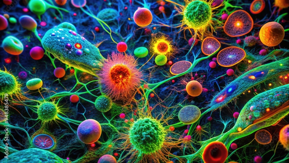 Colorful microscopic image of microbial cells and tissue fibers ...
