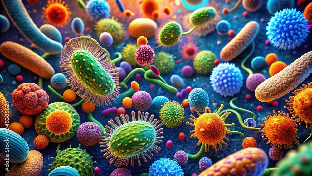 Colorful microscopic image of microbial structures, showcasing ...