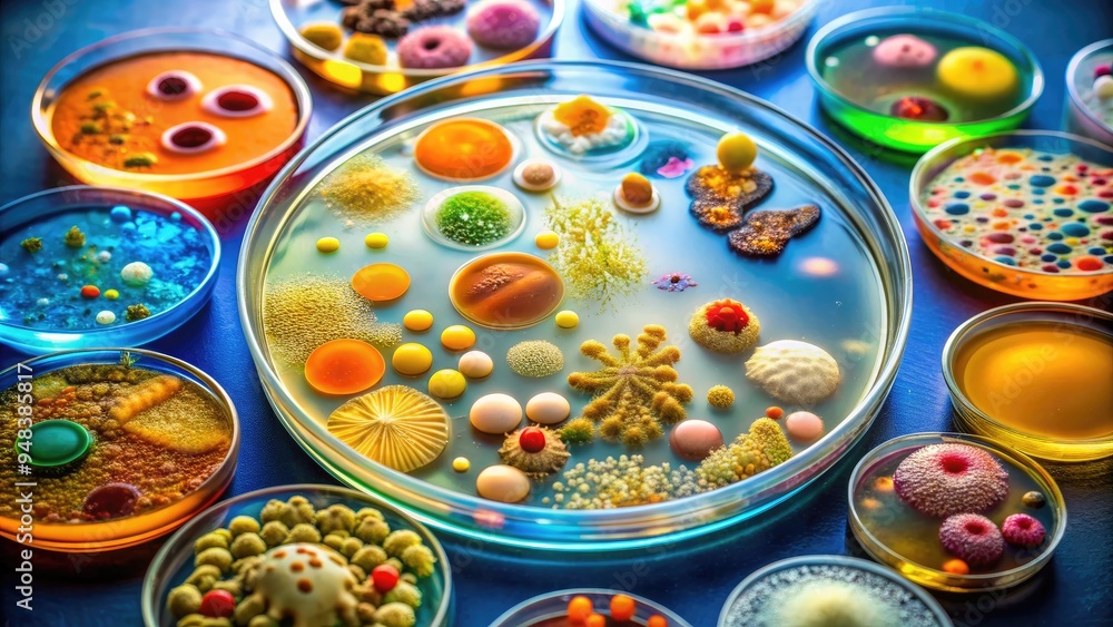 Colorful microscopic image of various bacteria colonies on agar plate ...