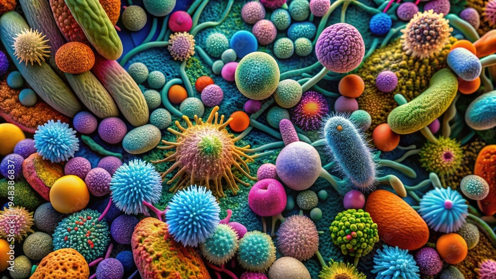 Colorful microscopic image of various microorganisms, including ...
