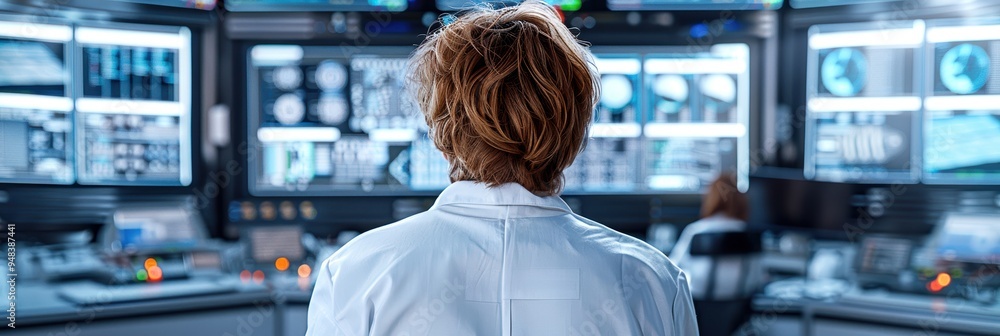 Scientist observing multiple monitors showing brain scans and research ...