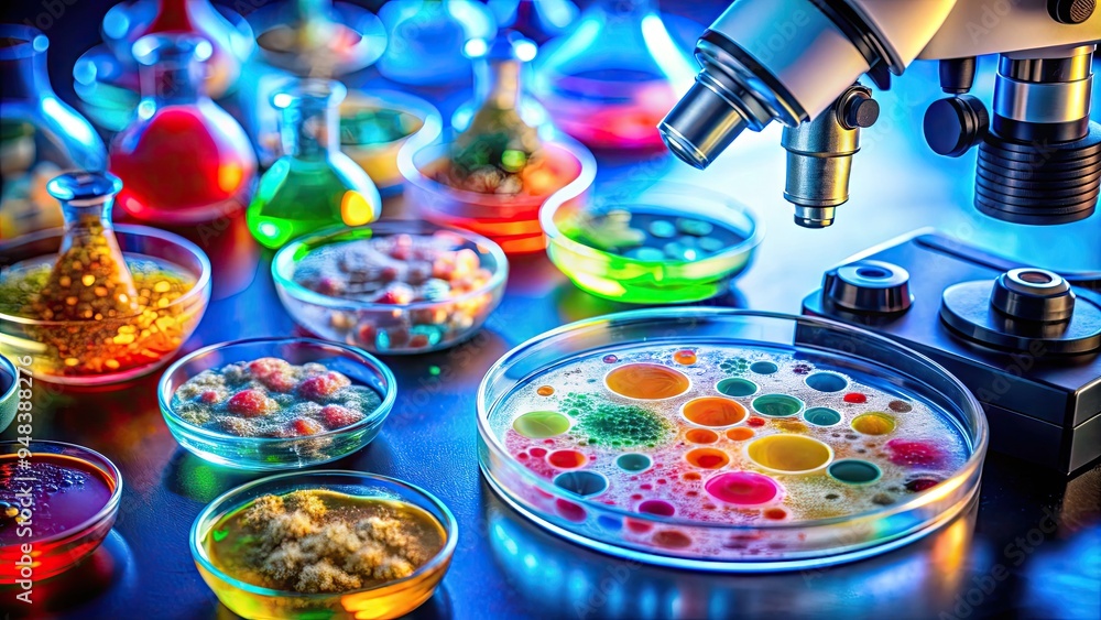 Colorful microscopic view of scientific laboratory petri dish with ...