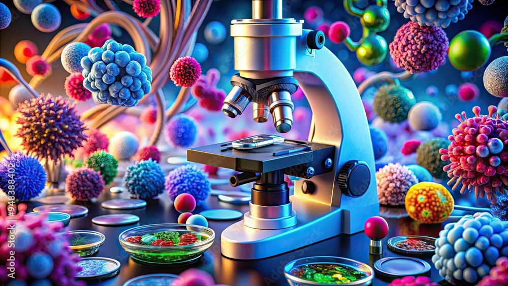 Colorful microscopic view of various specimens, including blood cells ...