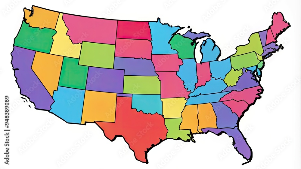 Colorful outline map of the United States, highlighting all 50 states ...