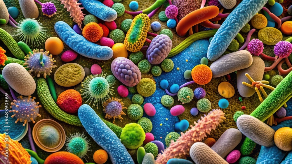 Colorful scanning electron micrograph of various microbial cells, including bacteria, archaea ...