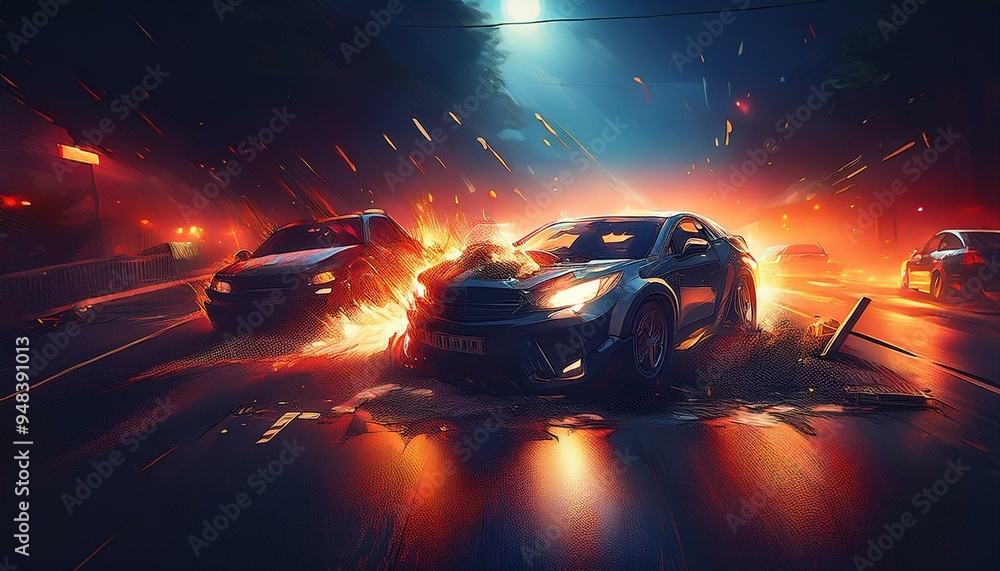 Dramatic illustration of a car accident at night, illuminated by ...