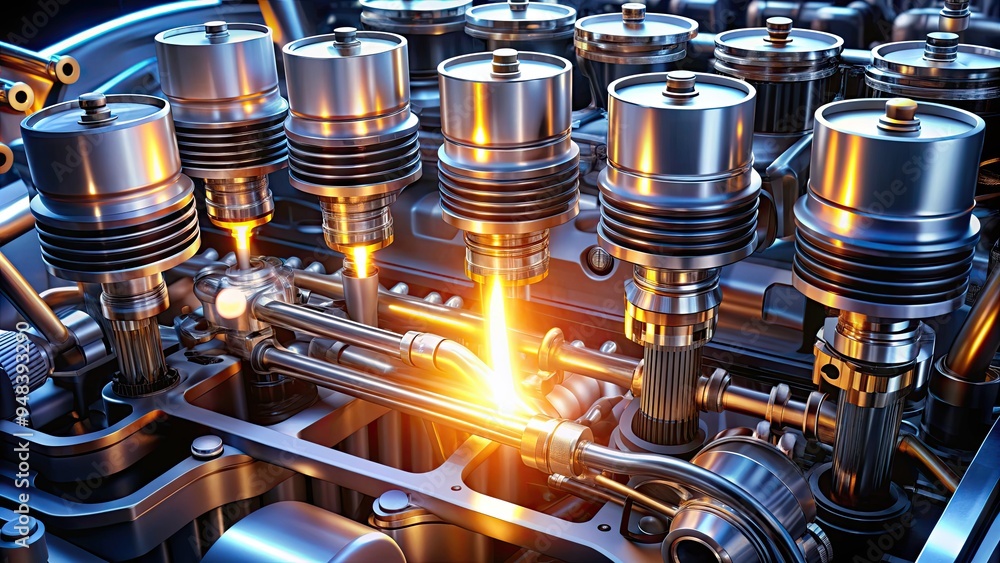 Complex arrangement of mechanical components, pistons, cylinders, and ...