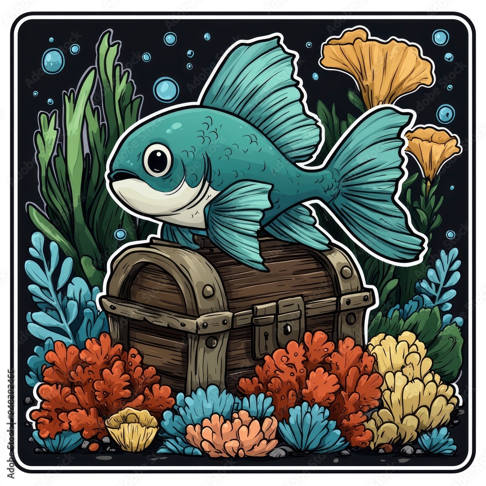 Cartoon Fish on a Treasure Chest in the Ocean Stock Illustration ...