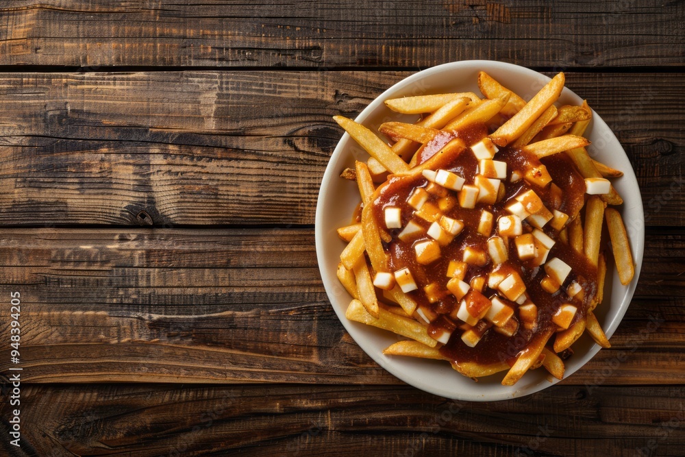 A classic poutine dish with crispy fries, cheese curds, and rich brown ...