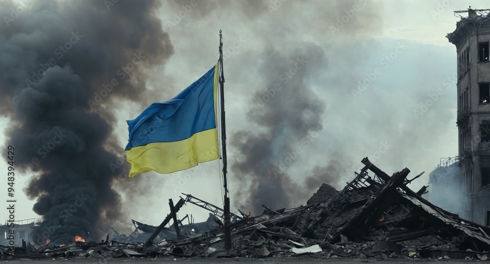 Ukraine flag flying proudly in the wind, smoke and destruction ...