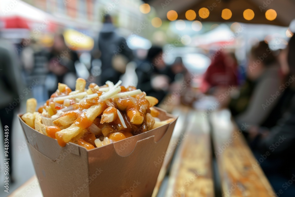 Street food style poutine served in a disposable paper container, with ...