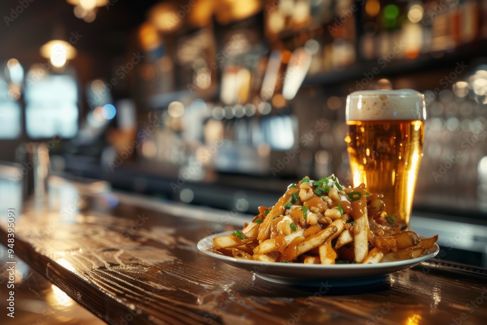 Poutine served with a glass of craft beer on a bar counter, with a ...