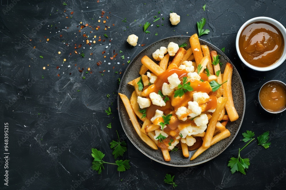 Flat lay of poutine ingredients including fries, cheese curds, and ...