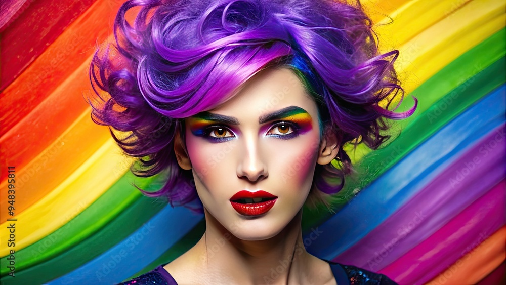 Confident non-binary individual with vibrant purple hair and bold ...