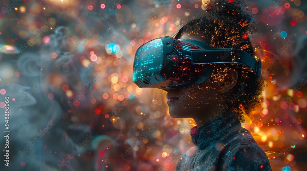 A child exploring immersive virtual reality in a colorful and vibrant ...