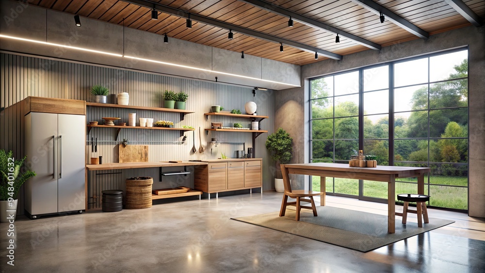 Cozy garage room conversion with concrete floor, wooden workbench, and ...