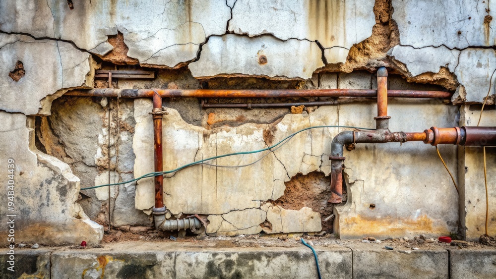Cracked and crumbling concrete foundation wall with water damage ...