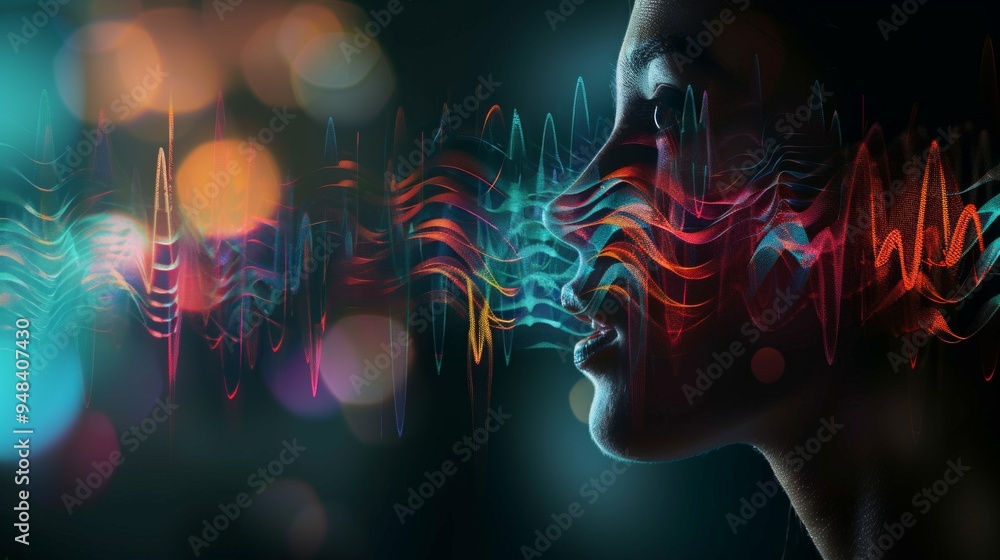 AI voice deepfake illustration featuring vibrant voice waves emanating ...