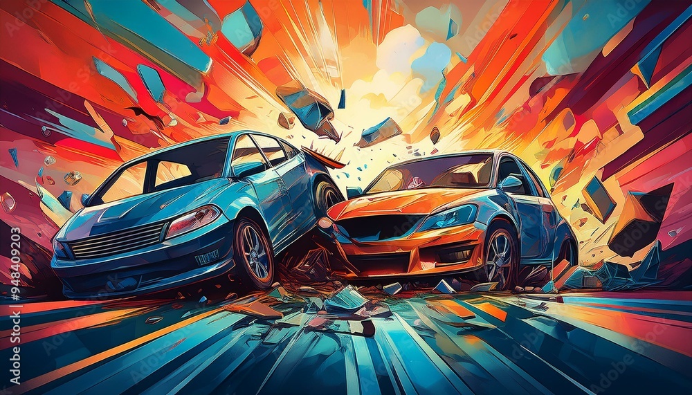 Surreal illustration of a car accident with distorted perspectives and ...
