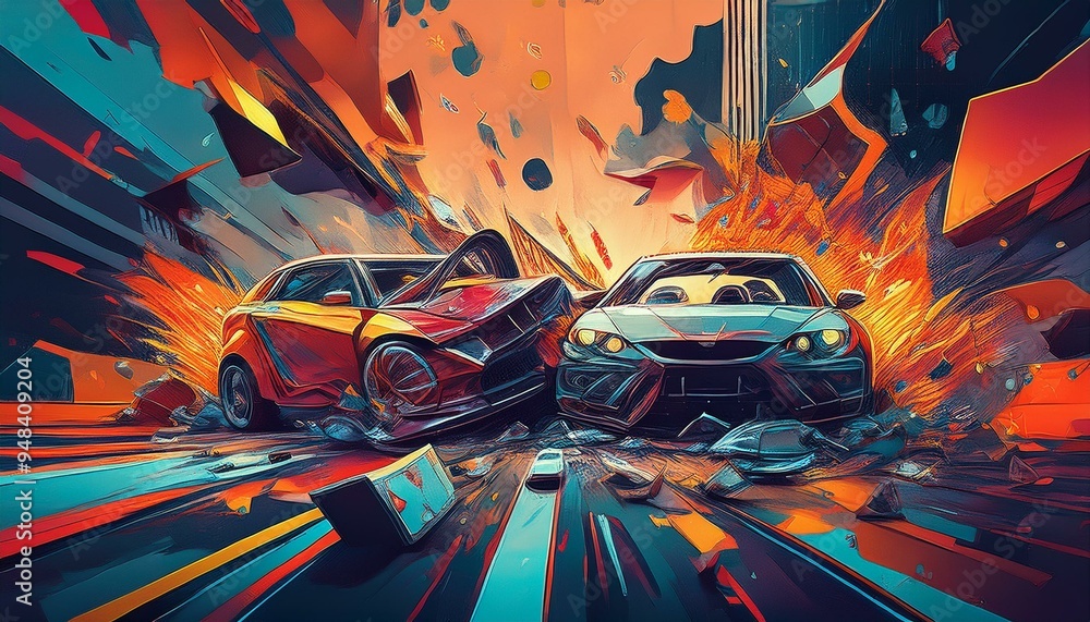 Surreal illustration of a car accident with distorted perspectives and ...
