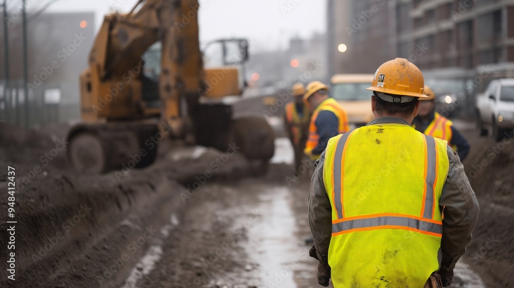 Construction Workers on Site: A group of construction workers in high ...