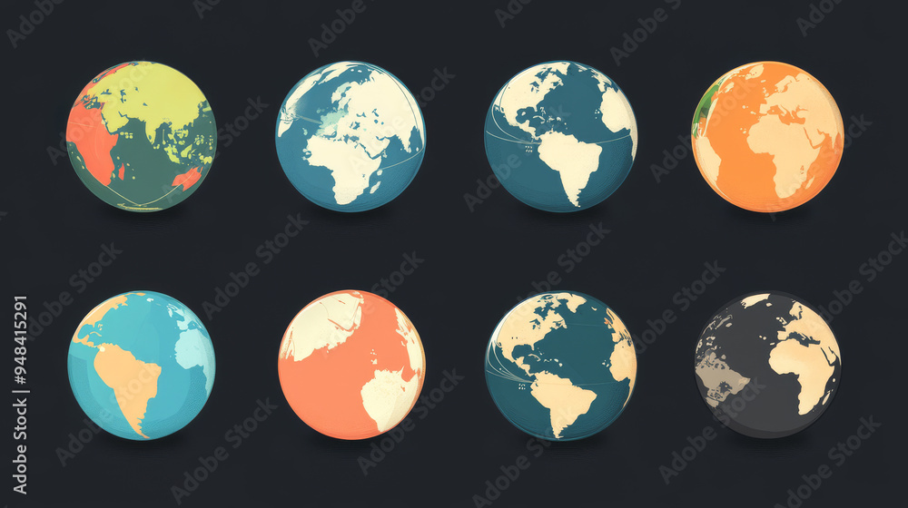 Flat world icons, Earth globe set, hemispheres showing continents ...