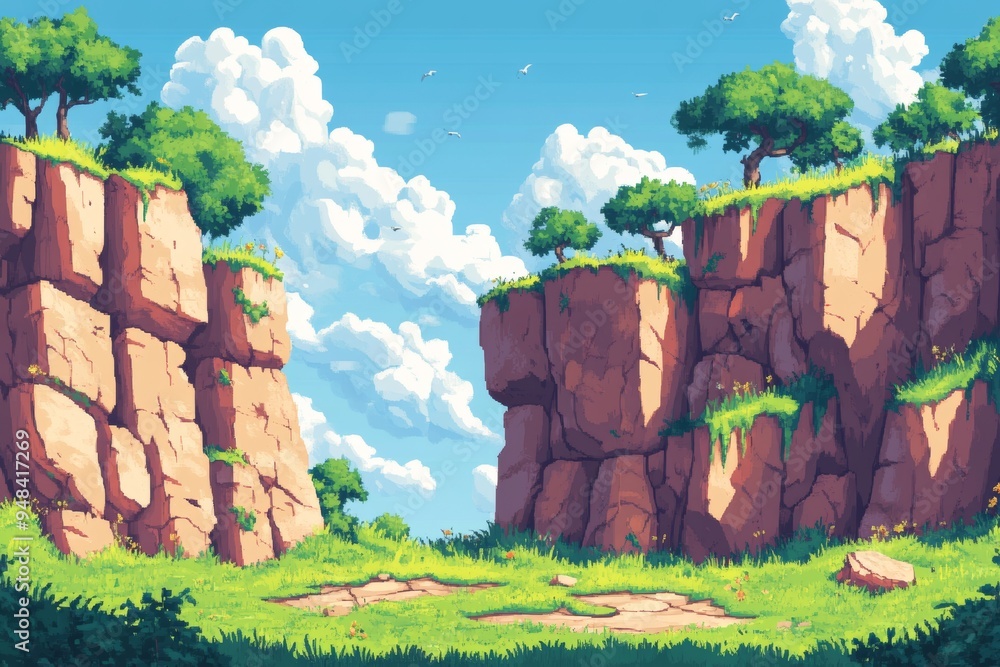 A 2D arcade game level map with mountains, trees, and platforms in a ...