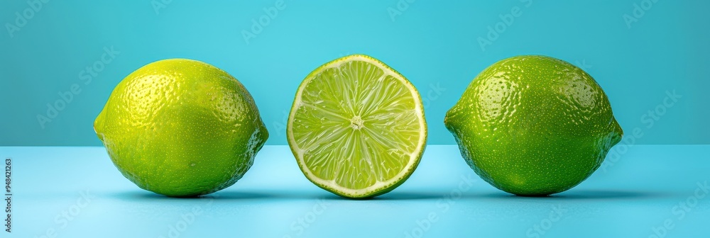 Vibrant image of three limes on a turquoise background, with one lime ...