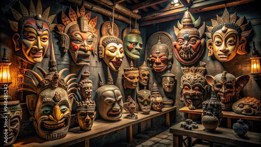 Eerie assortment of vintage masks, ancient artifacts, and mysterious ...