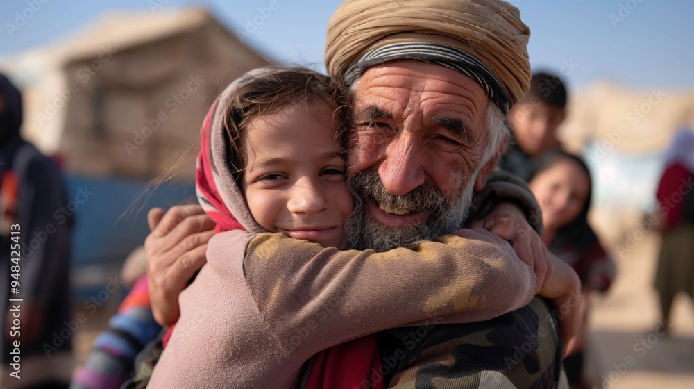 Refugee family reunited with loved ones at a camp, expressions of joy ...